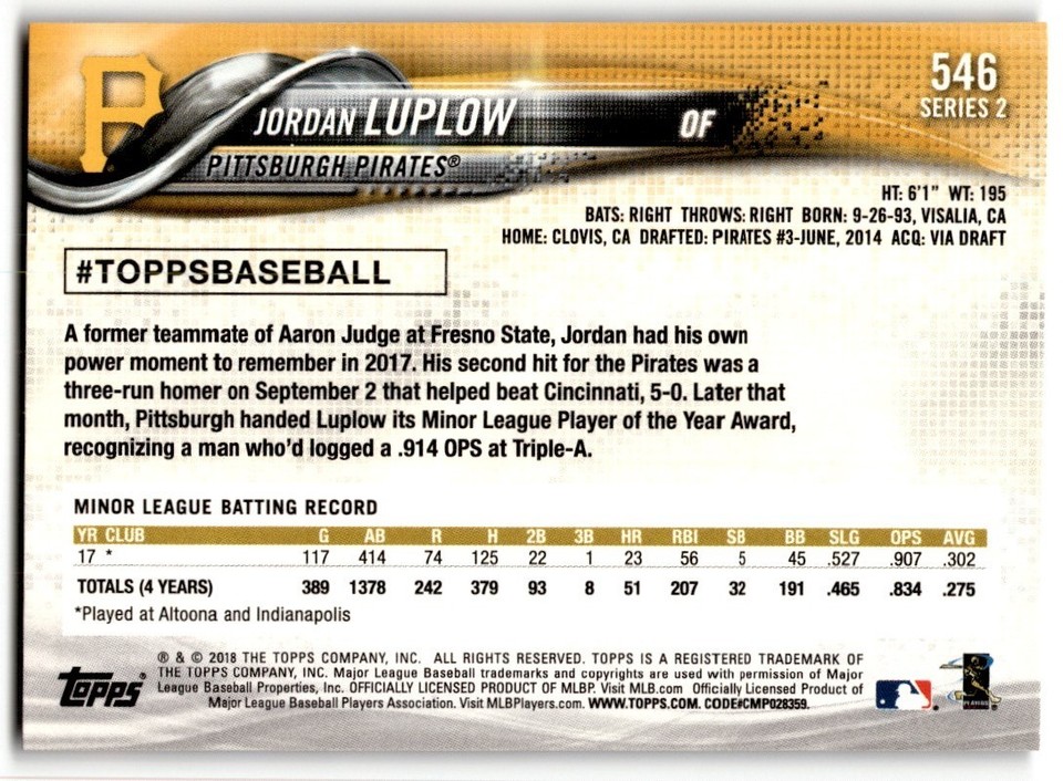 Jordan Luplow 2018 Topps Rookie #546 Pittsburgh Pirates | eBay