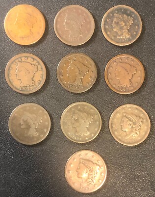 (10)x DIFFERENT Large Cent Penny Coins 1837 Through 1856 LOT Coin ...