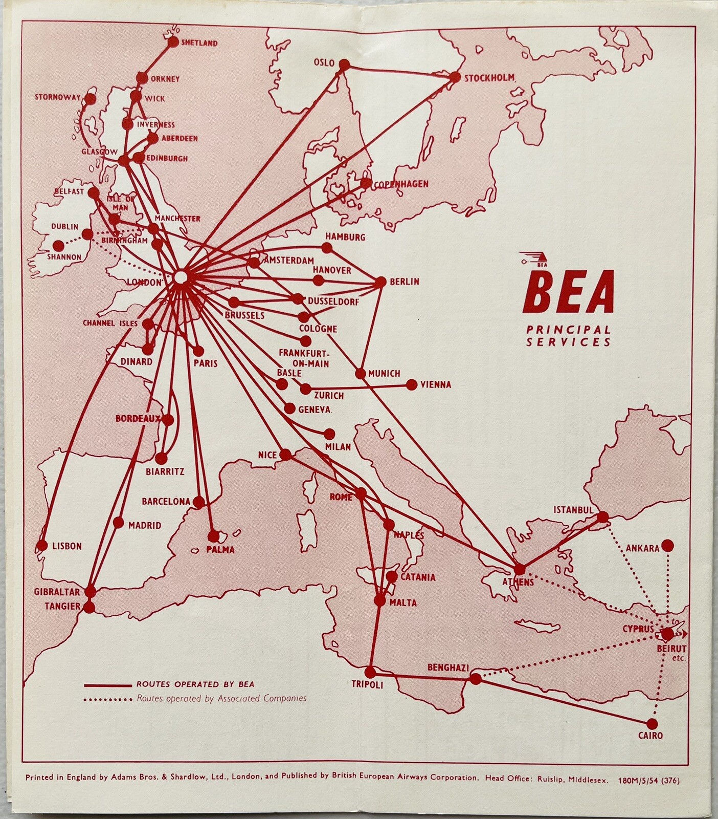 BEA British European Airlines - System Timetable - June, 1954 | eBay