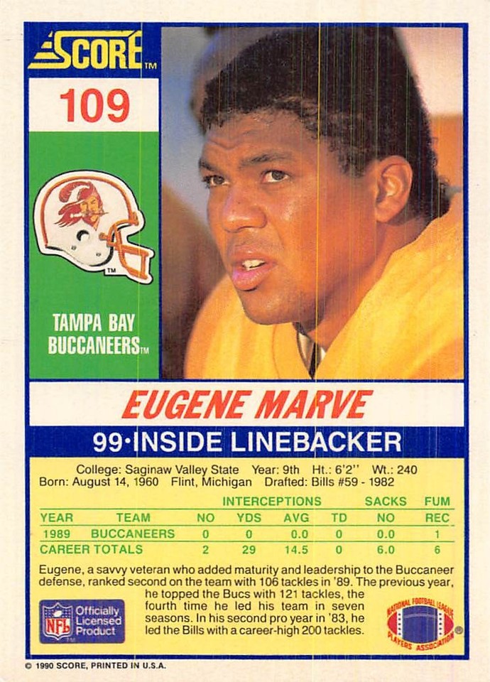 Eugene Marve 1990 Score 109 Tampa Bay Buccaneers Football Card | eBay