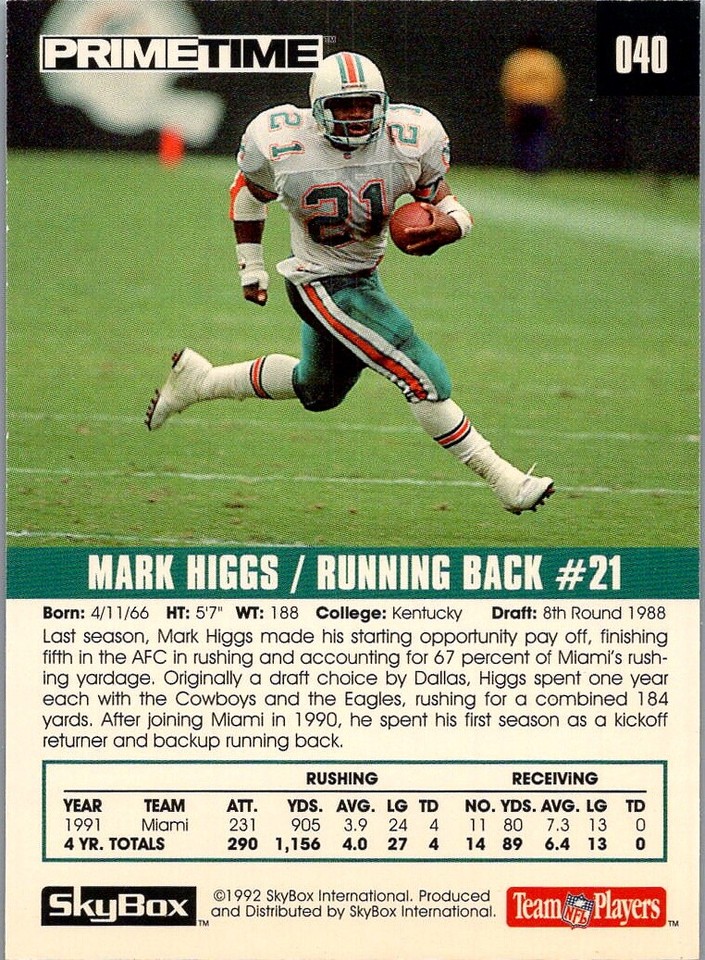 # 040 Mark Higgs Miami Dolphins 1992 SkyBox Prime Time | eBay