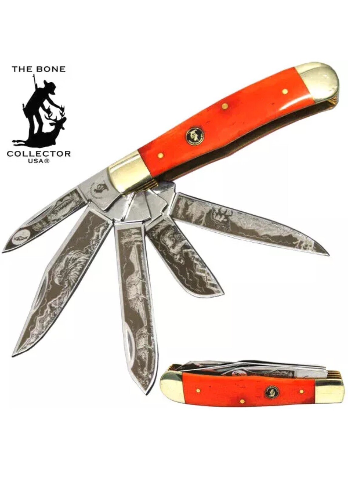 BONE COLLECTOR KNIFE TRAPPER 5-ETCHED BLADES w/ ORANGE BONE HANDLES 4 ...