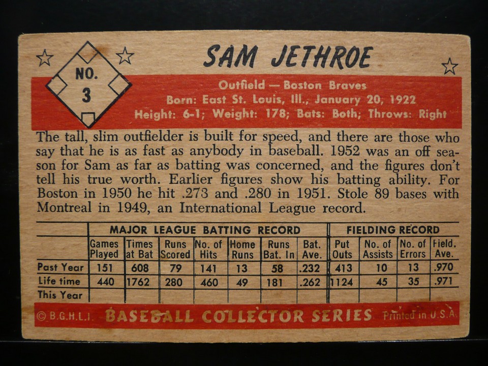 1953 Bowman Color Baseball Card #3 Sam Jethroe - Boston Braves | eBay