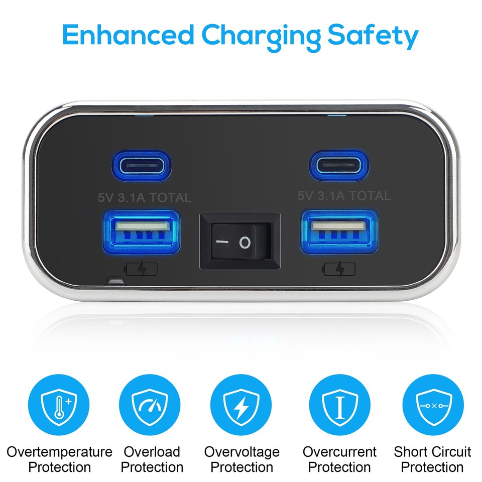 12V-24V USB A & Type C Car Fast Charger 4 Port Outlet Socket for Boat ...