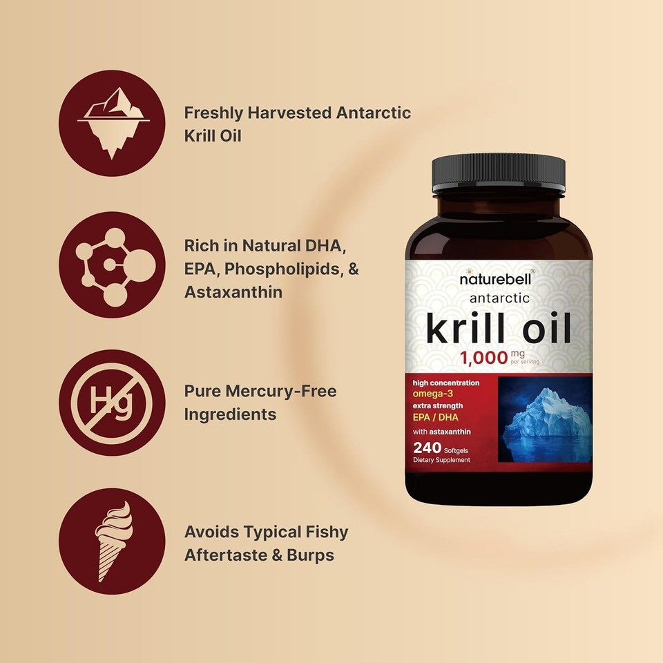 NatureBell Antarctic Krill Oil 1000mg Supplement,240 Softgels Source of ...