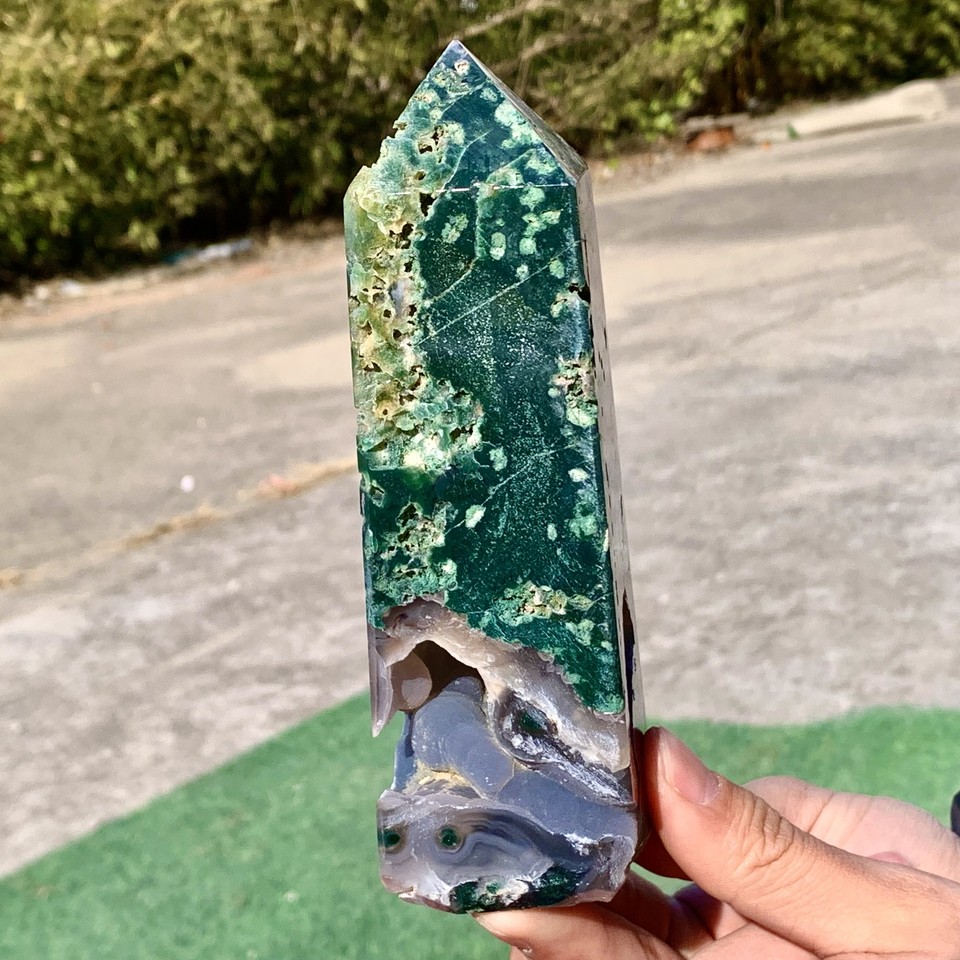 580G Natural water grass agate square pointed stone tablet, quartz body ...