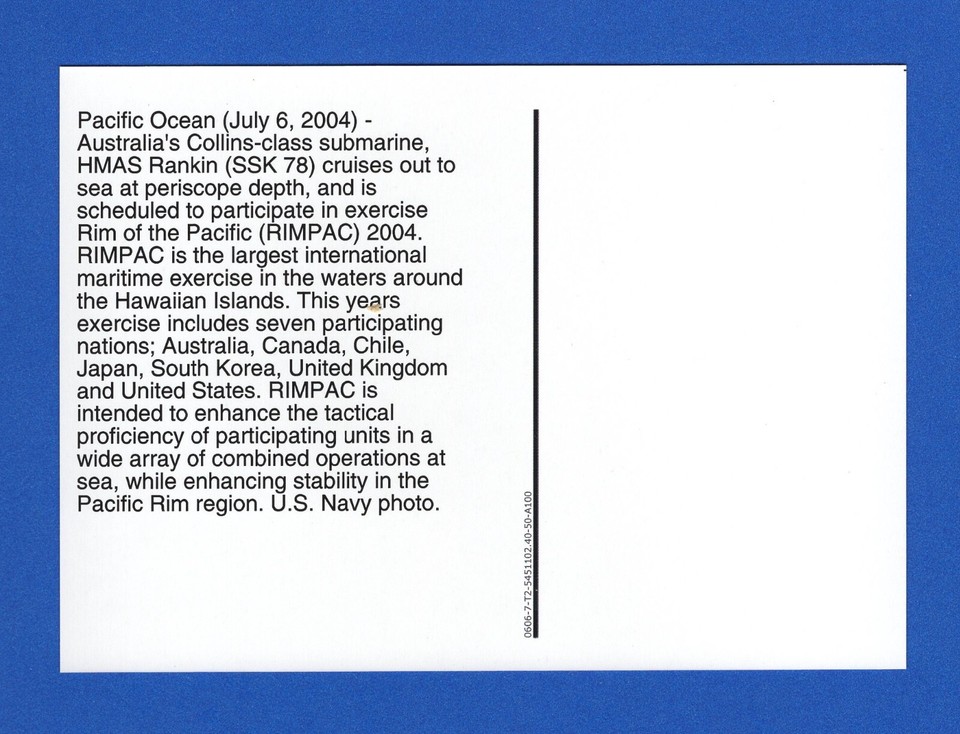 Australian Navy Submarine HMAS Rankin July 6, 2004 4 x 6 Postcard | eBay