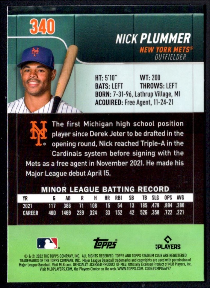 Nick Plummer 2022 Topps Stadium Club Chrome Rookie Card RC #340 New ...