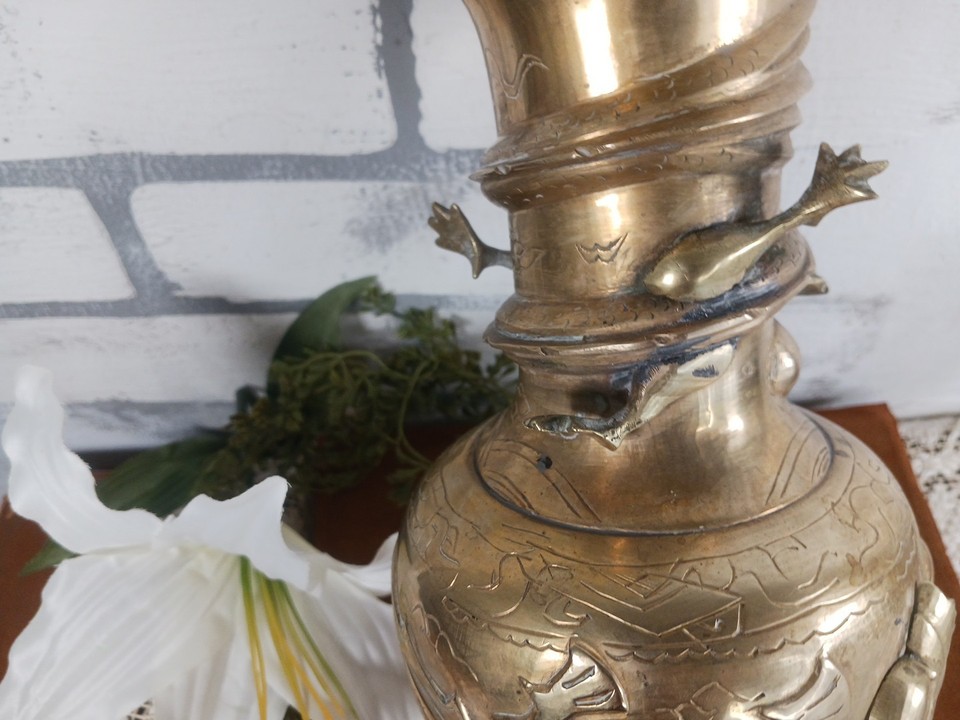 Vint Chinese Brass Dragons Chasing The Pearl Vase 3D Detail Oriental ...