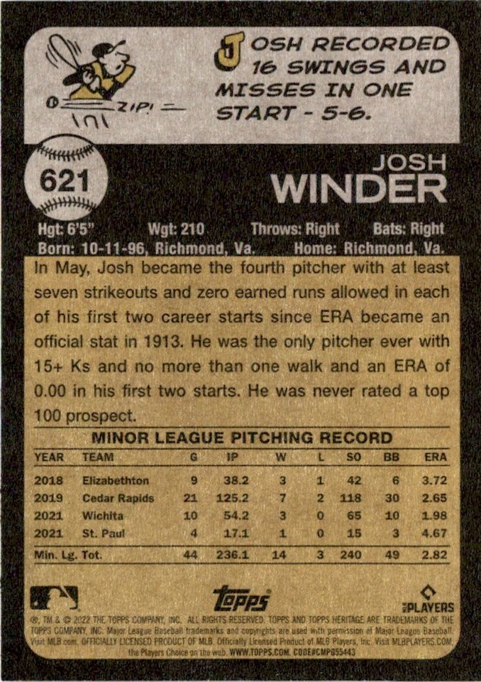 2022 Topps Heritage High Number Josh Winder Rookie Minnesota Twins #621 ...