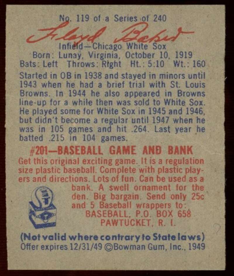 1949 Bowman #119 Floyd Baker NM RC Rookie White Sox 72937 | eBay