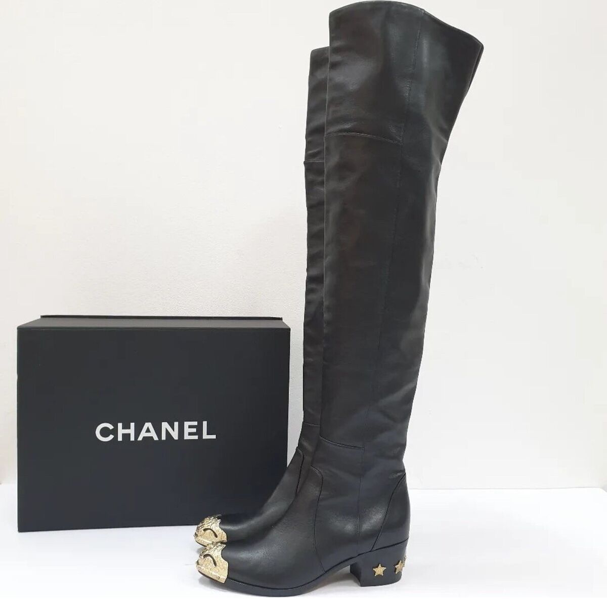 Chanel Black Leather Paris Dallas Metal Cap Toe Thigh High Chanel Black Leather Paris Dallas Metal Cap Toe Thigh High