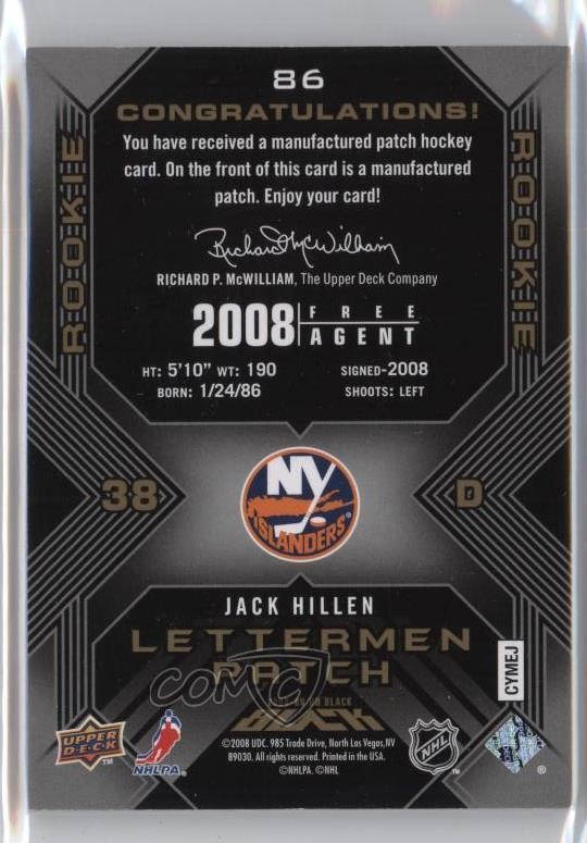 2008-09 Upper Deck UD Black Lettermen Gold /15 Jack Hillen #86 Rookie ...