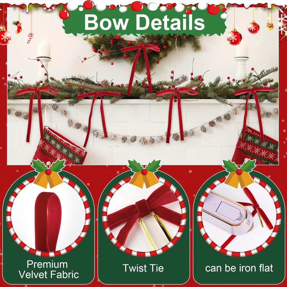 Red Velvet Bows for Christmas Tree 24 Size: 5x7 inches, Width: 3/8 inch ...