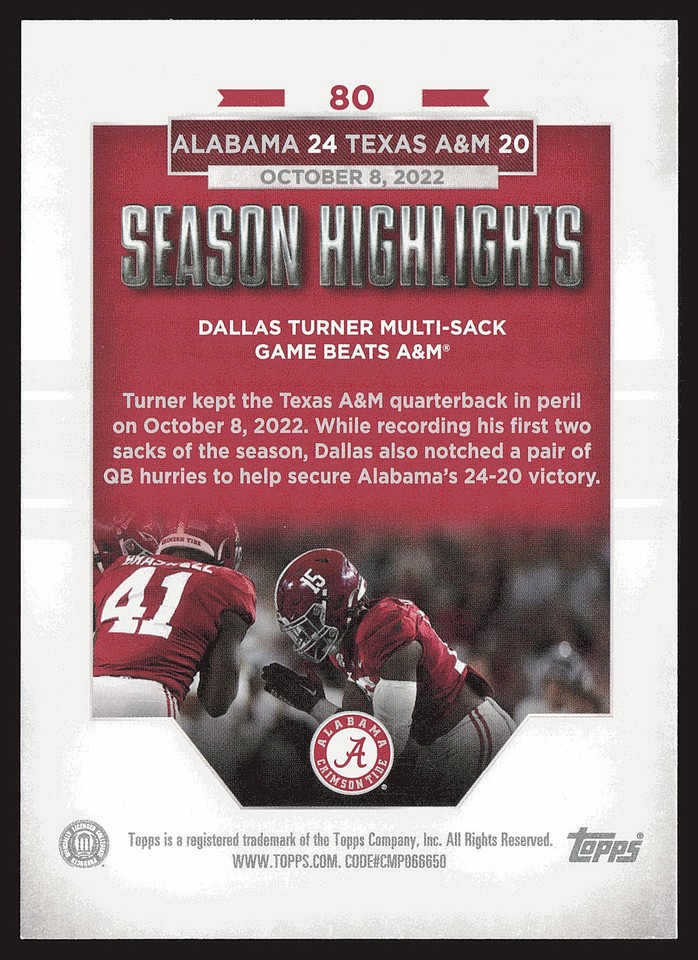 2023 Bowman University Alabama Crimson Tide #80 Dallas Turner Multi ...