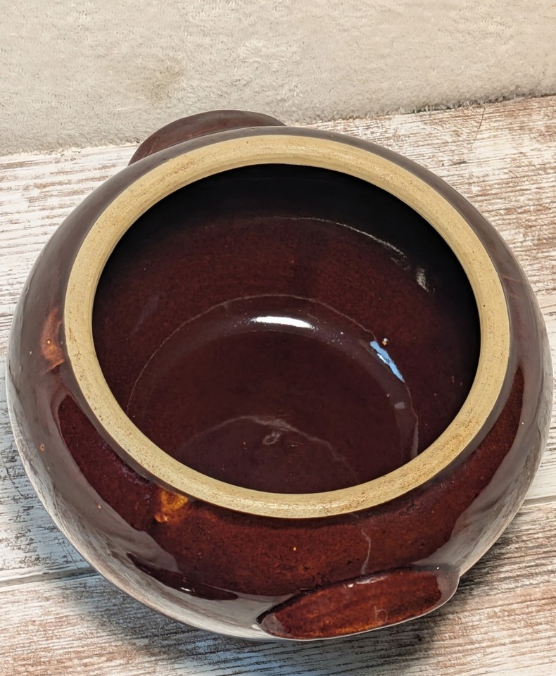 Vintage Stoneware Brown Crock w/ Handles & Lid Oven Ware Bean Pot Stew ...