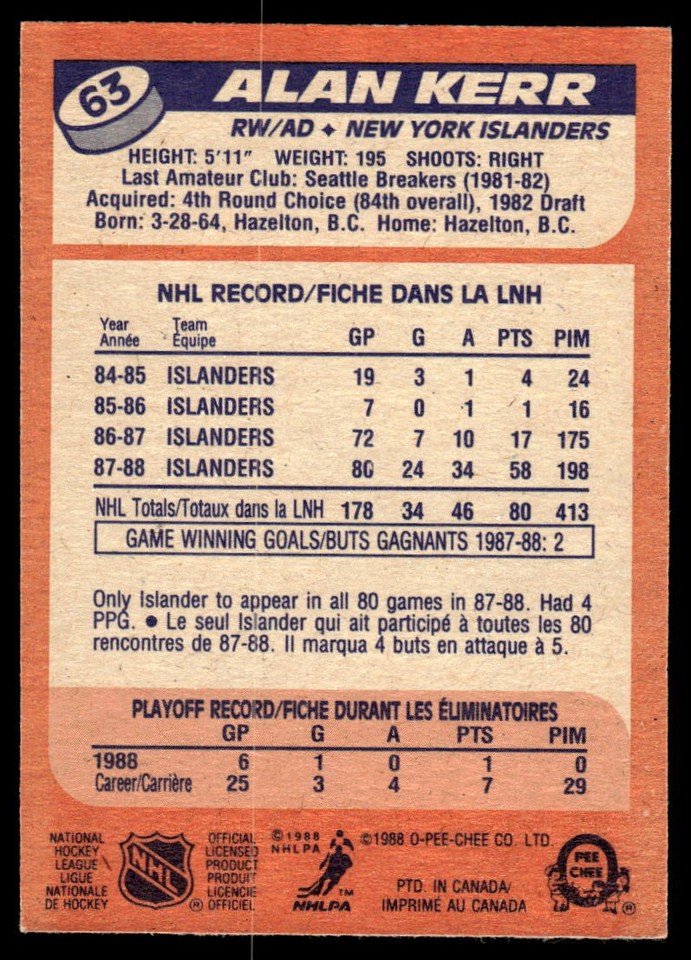 1988-89 O-Pee-Chee #63 Alan Kerr New York Islanders Rookie Hockey Card ...