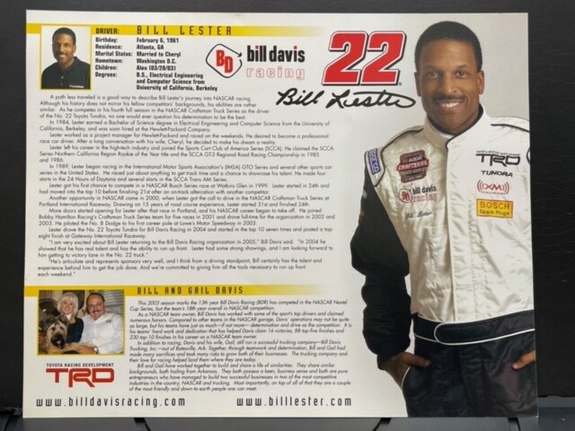 VRHTF NHRA NASCAR SIGNED BY BILL LESTER TOYOTA NASCAR #22 HAND OUT | eBay