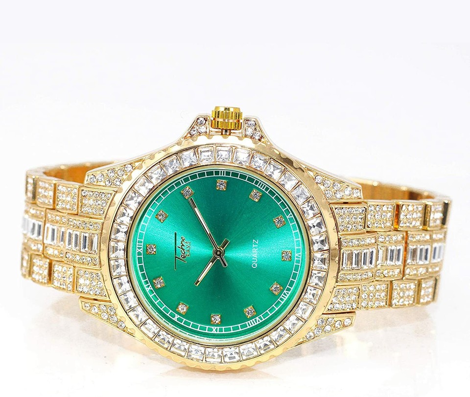 Fully Iced Watch Bling Rapper Simulate Diamond Lab Gold Green Metal ...