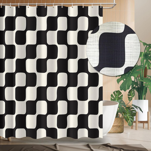 Retro Checkerboard Grid Pattern 140Gsm Faux Linen Fabric Shower Curtain ...