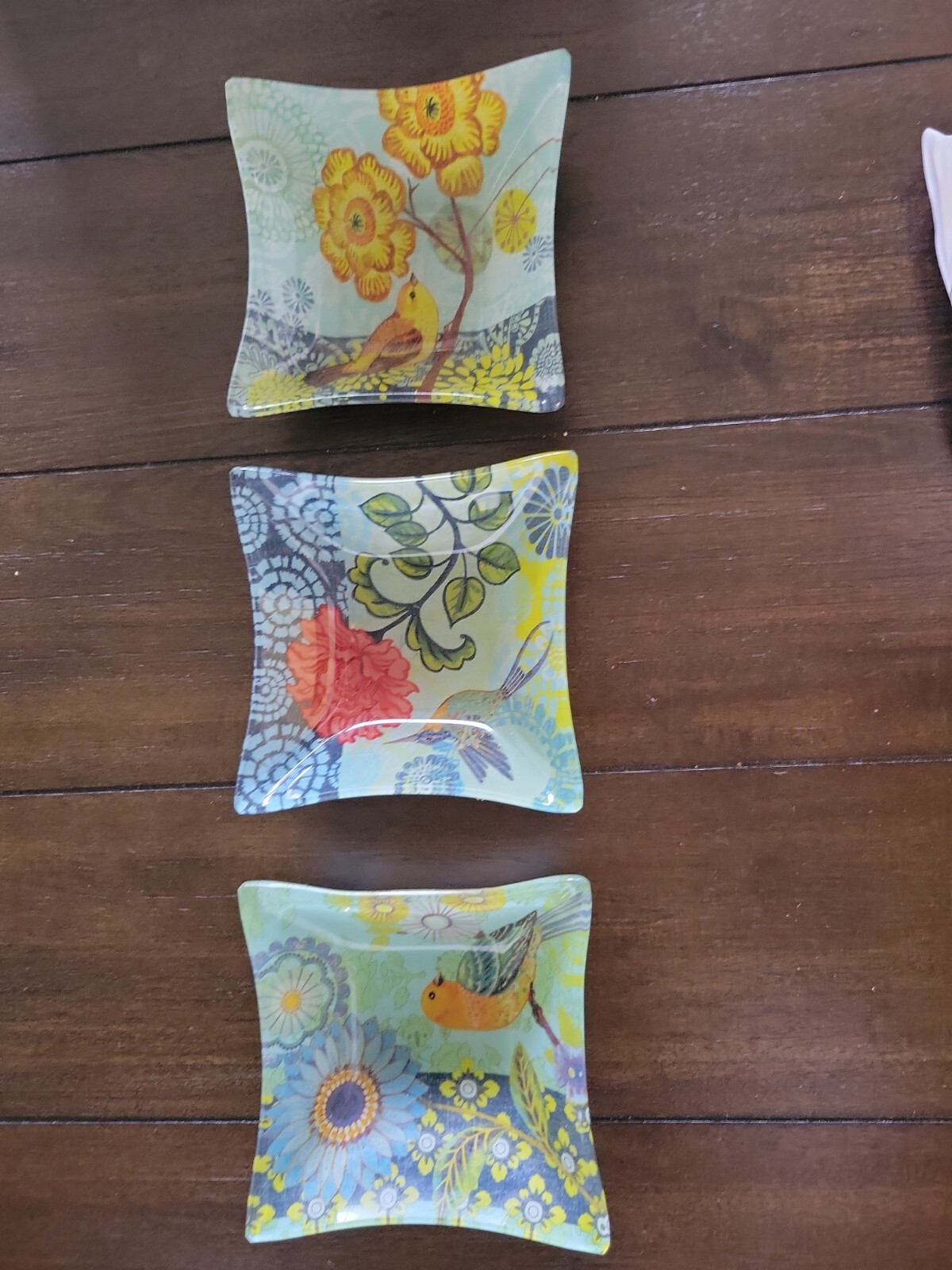 PRIMA DESIGN square 5" bowls art glass blue floral set of 3 Birds ...