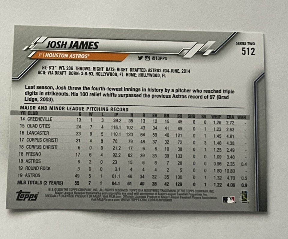 TOPPS 2020 JOSH JAMES #512 PITCHER HOUSTON ASTROS BASEBALL CARD | eBay