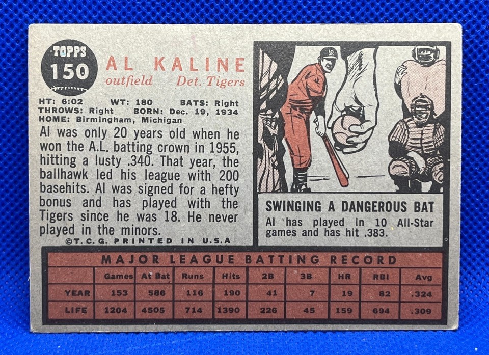 VTG 1962 AL KALINE Detroit Tigers OUT FIELD Topps BASEBALL Trading Card ...
