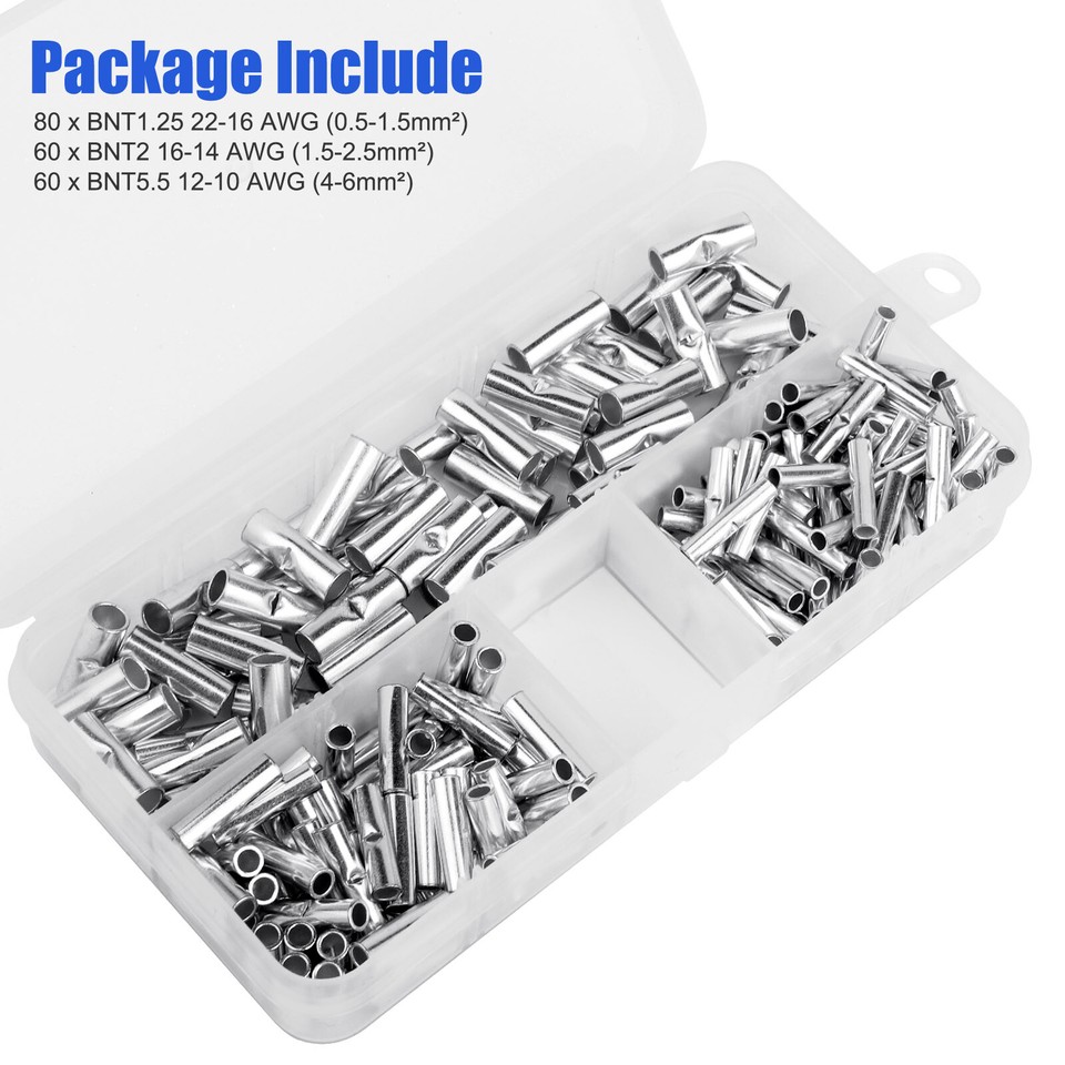 200Pcs Copper Bare Wire Splice Terminals Ferrule Butt Crimp Connectors ...