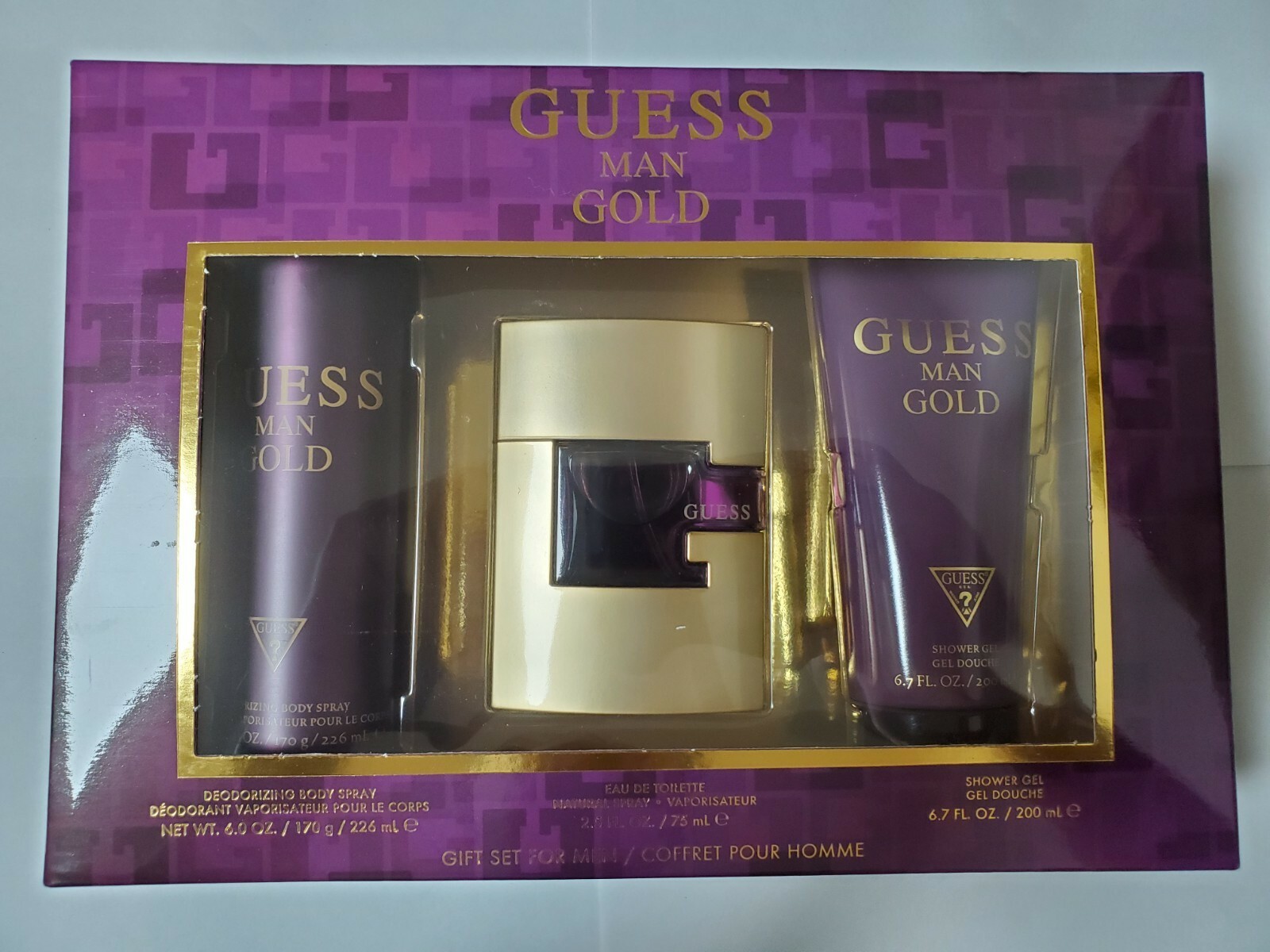 Guess Man Gold 3PCS Gift Set (Body Spray 6.0 oz, EDT 2.5 oz & Shower ...