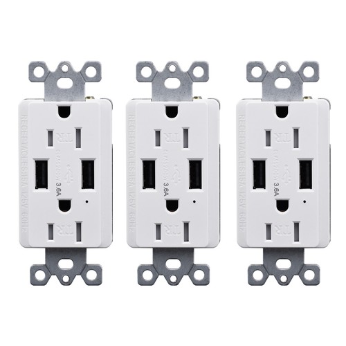 3.6A USB Charger Wall Outlet Receptacle Smart Chip Tamper Resistant UL ...