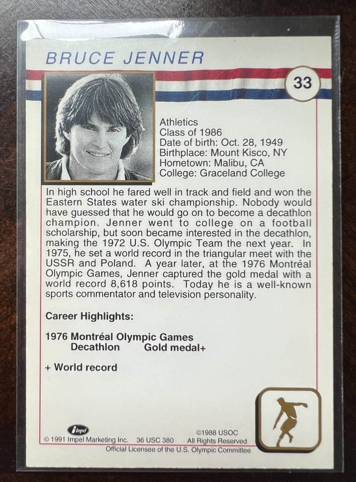 1991 Impel US Olympic Cards Hall of Fame Bruce Caitlyn Jenner #33 ...