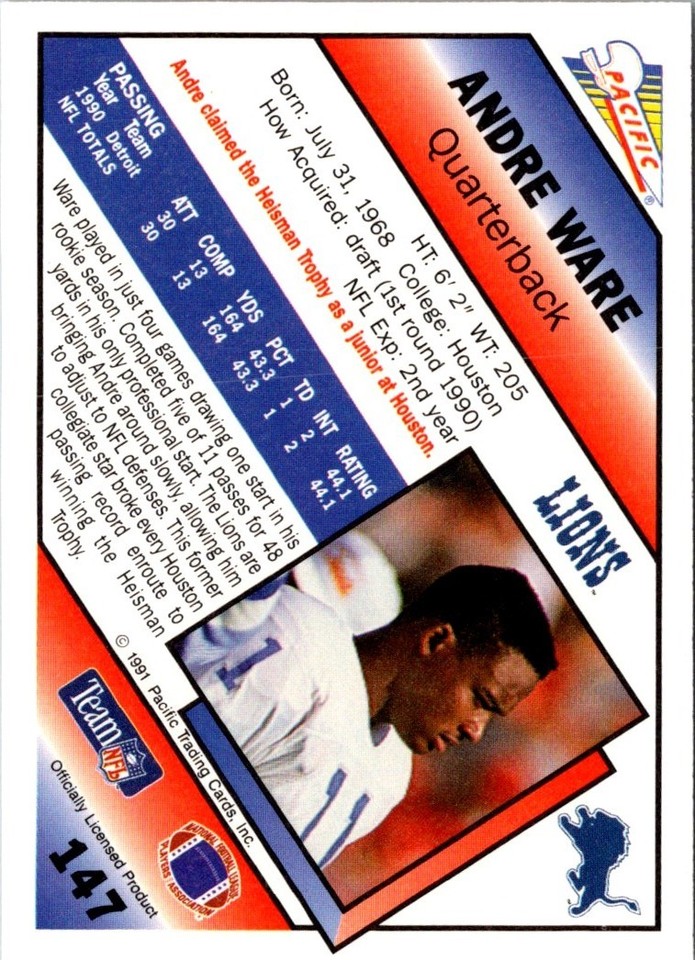 1991 Pacific Andre Ware #147 Detroit Lions Football Card | eBay