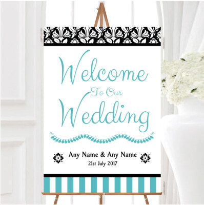 Damask And Aqua Stripes Personalised Any Wording Welcome To Our Wedding ...
