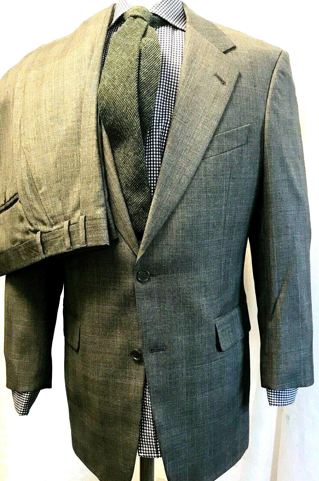 WARREN K COOK Mens Suit WOOL 2 Button GRAY CHECK Blue Window Pane 40R 2 ...