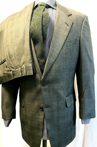 WARREN K COOK Mens Suit WOOL 2 Button GRAY CHECK Blue Window Pane 40R 2 ...