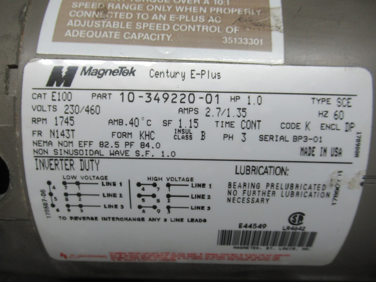 MAGNETEK CENTURY E-PLUS E100 10-349220-01 1 HP 2.7 AMP 460 VOLT 1745 ...