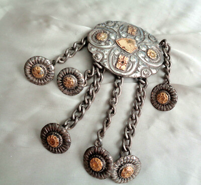 A VICTORIAN CLOAK PENDANT HEAVY CHAINS W BUTTONS GOLD CENTER UNIQUE 5 ...