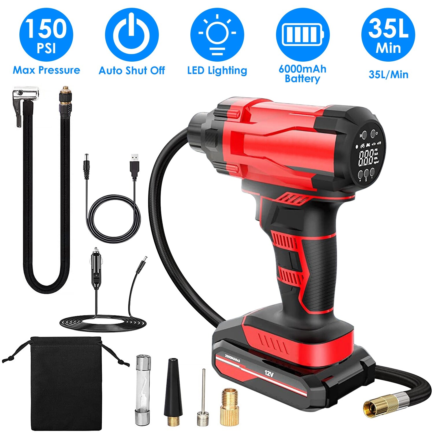 Cordless Car Tire Pump with LED Light for Car Bike Ball Tire Inflator ...