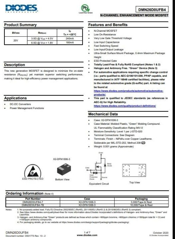 50PCS DMN26D0UFB4-7 DIODES DIODES Trans MOSFET N-CH 20V 0.24A 3P X2-DFN ...