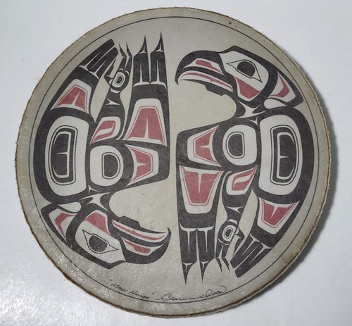 NORTHWEST COAST HAIDA INDIAN DRUM FISH HAWK SIGNED CLARENCE WELLS 11 ...