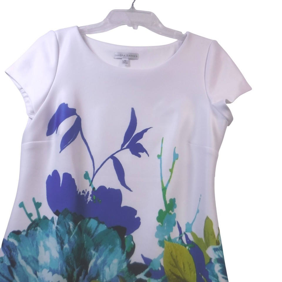 Sandra Darren Womens Floral Sheath Dress White Blue Green Short Sleeve ...
