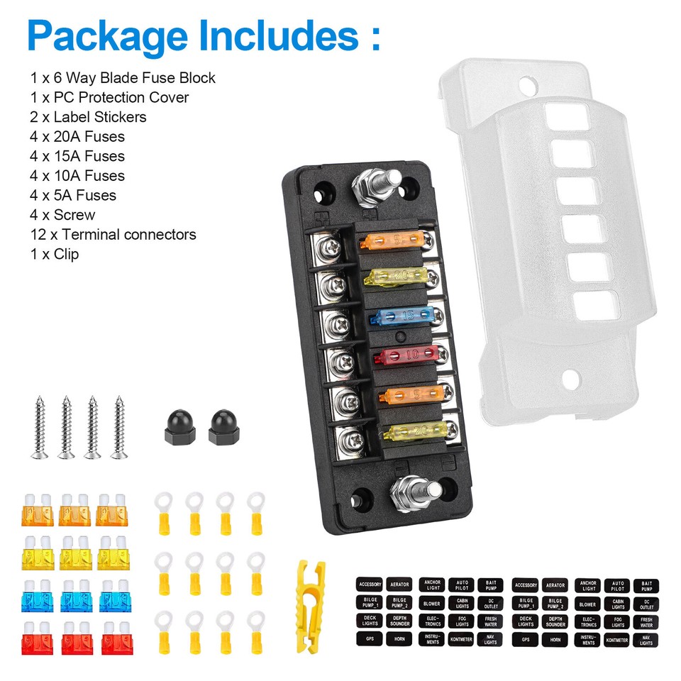 6 Way Auto Car Marine Blade Fuse Box Block Holder Label Sticker ...