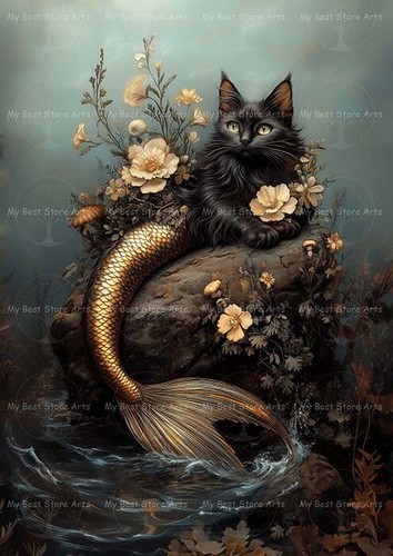 MERMAID CAT ART PRINT, Siren Cottagecore Poster, Animal Kitty Flower ...