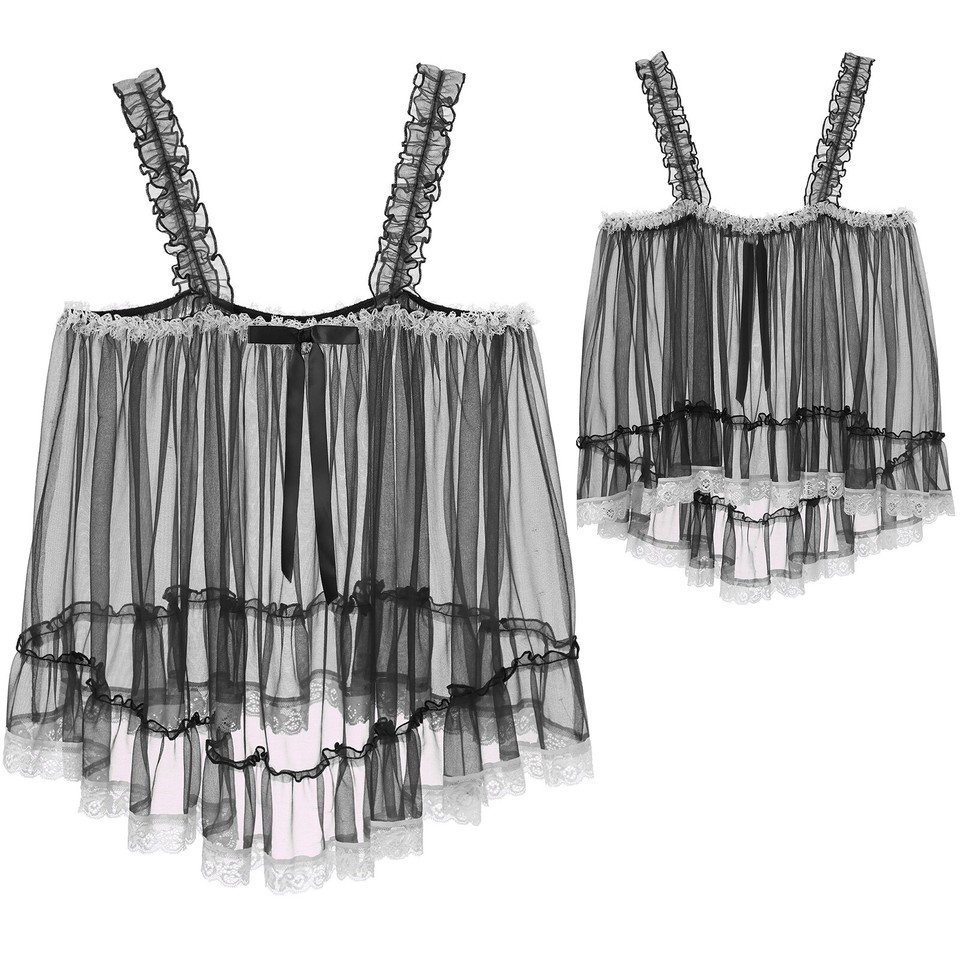 Women Sleepwear Lace Trim Sexy Sheer Mesh See-Through Slip Top Nighty ...