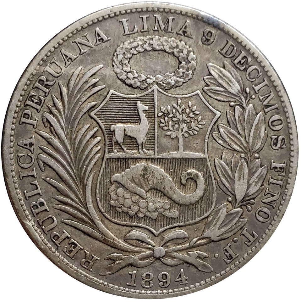 1894 TF PERU South America Antique Original BIG Silver Peruvian SOL ...