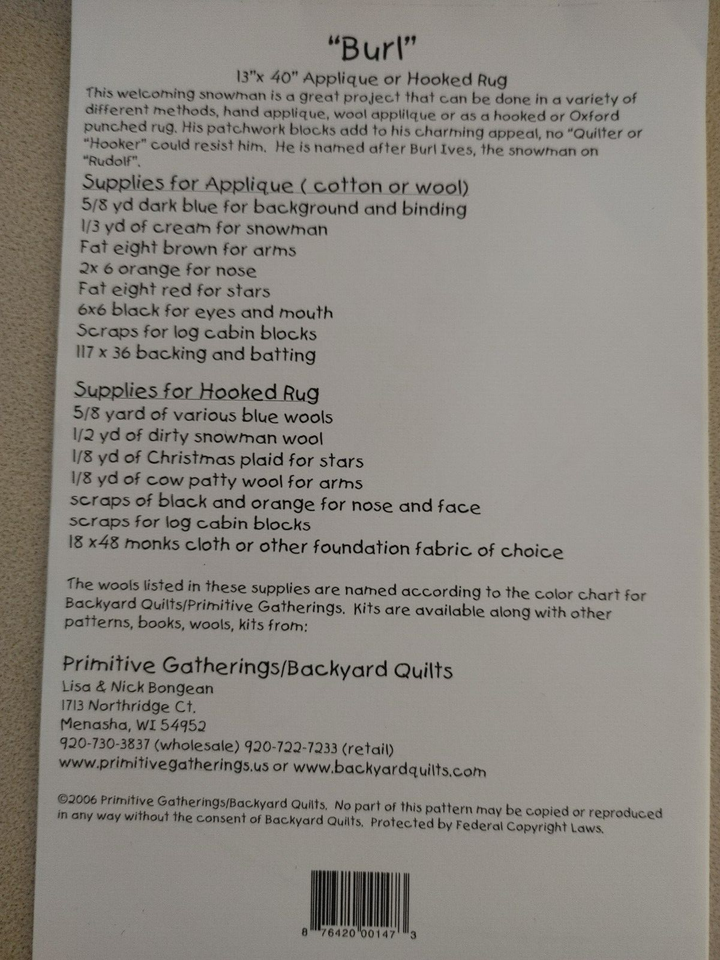 Primitive Gatherings Pattern BQ147 Burl Snowman Runner 13"x40" Applique ...