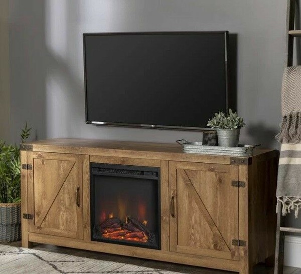 Rustic Wood Fireplace 64" TV Media Console Cabinet 2 Barn Door ...