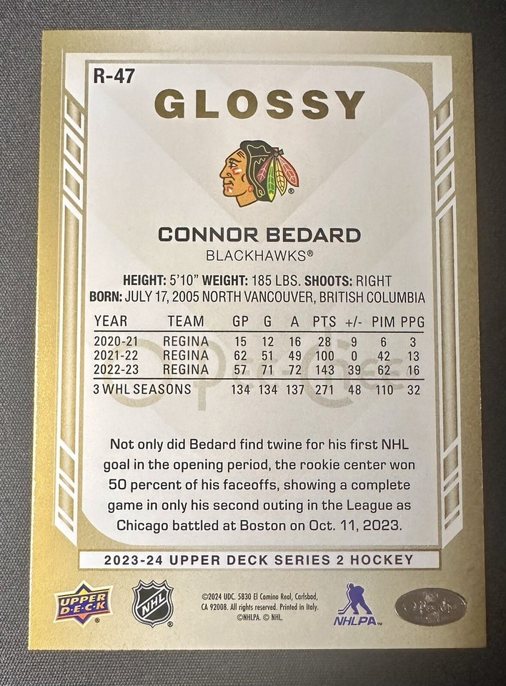 2023 UPPER DECK CONNOR BEDARD O-PEE-CHEE OPC GLOSSY GOLD ROOKIE #R-47 ...