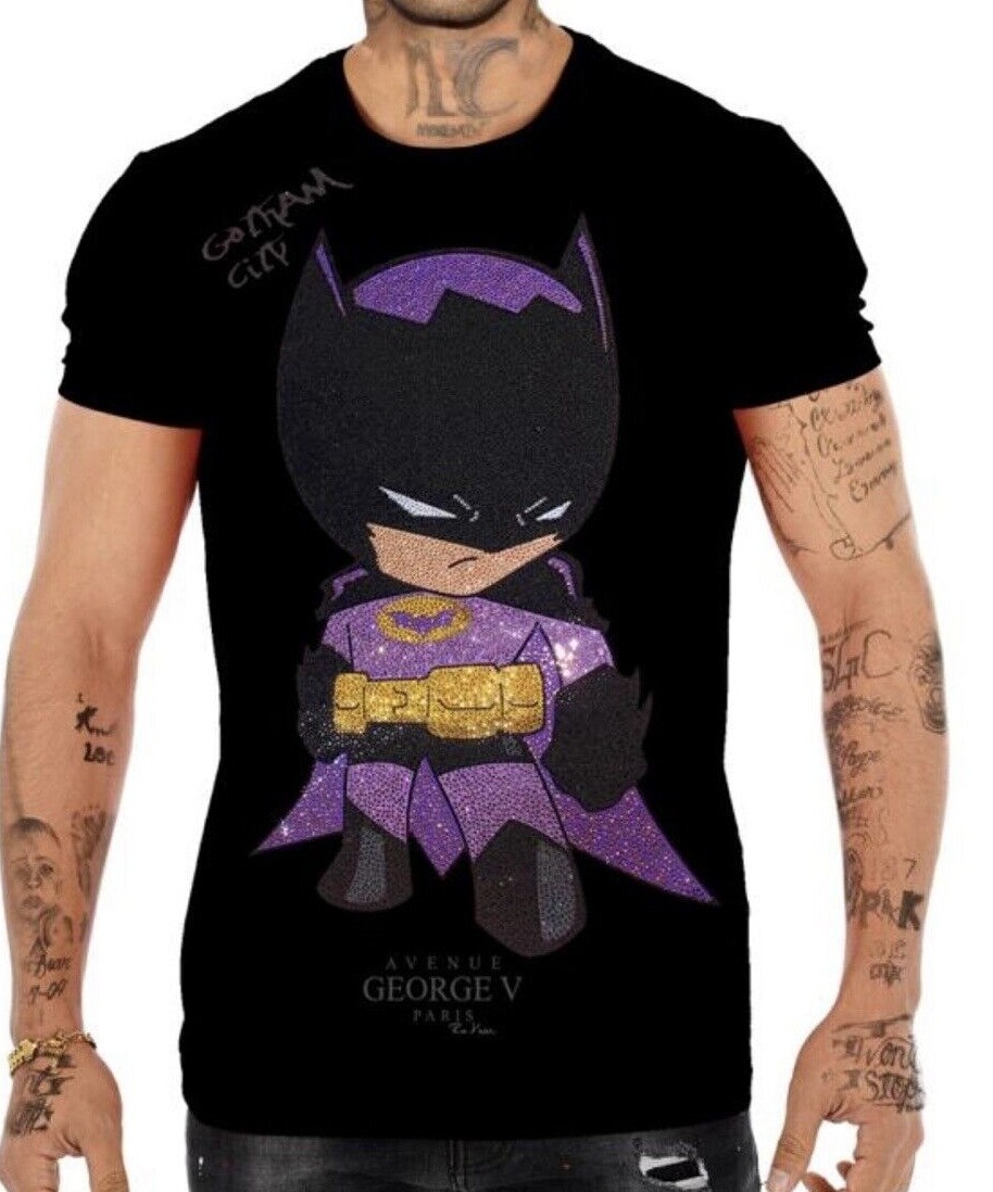 Avenue George V Paris T-Shirt Batman Men's Black fitted Tee Rhinestone ...