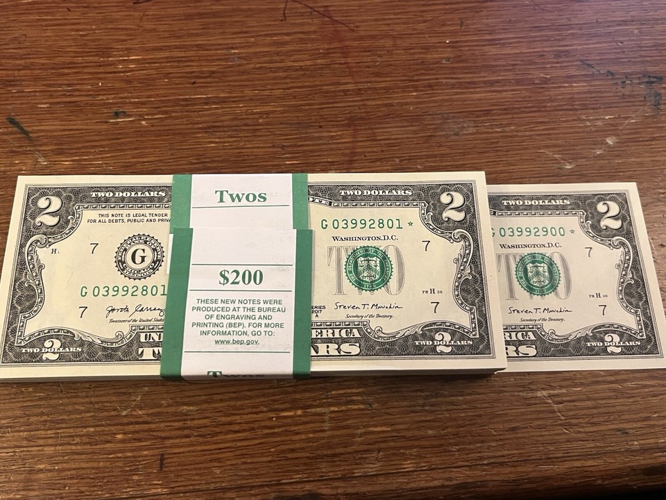 LOT of 100, $2 Star Notes Uncirculated Consecutive Strap BEP Pack ...